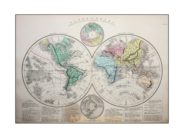 CARTE MONDE, CARTE double hémisphère, carte du monde colonial antique par Drioux 1845. EUR 100 ...