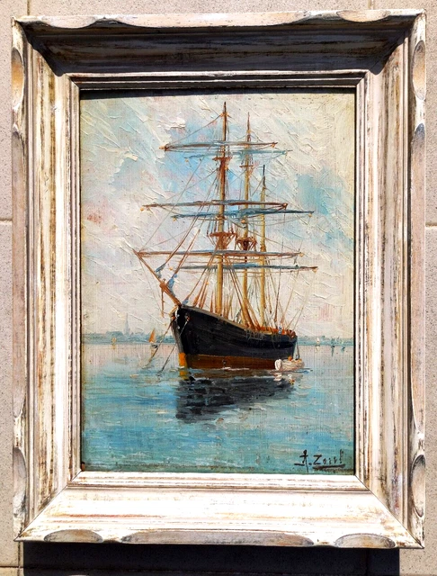 ANCIEN TABLEAU HUILE signature à déchiffrer, navire, port fluvial EUR 139,00 - PicClick FR