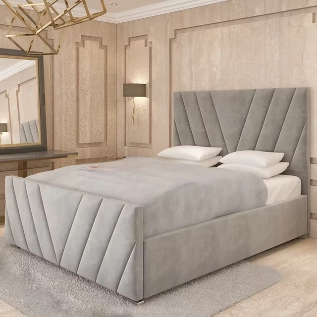 New Ottoman Storage V Lined Plush Velvet Upholstered Bed Frame Double