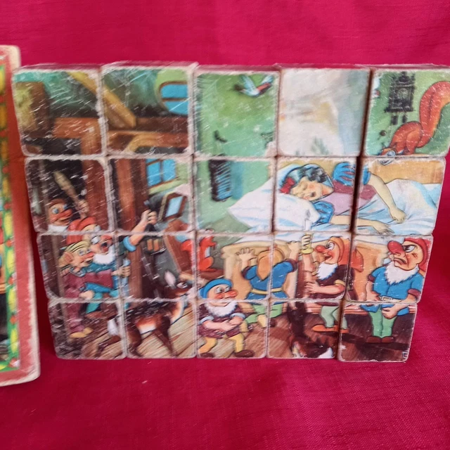 VINTAGE 1940S 'SNOW WHITE & SEVEN DWARFS' DESIGN WOODEN TOY BLOCKS £7. ...