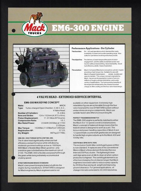 MACK TRUCKS EM6-300 Engine Specifications Brochure 04/87 $27.50 ...