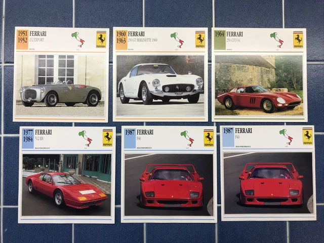 5 FERRARI SPEC CARDS 1951 212 EXPORT 1960 250GT 1964 250 GTO 1987 F40 ...