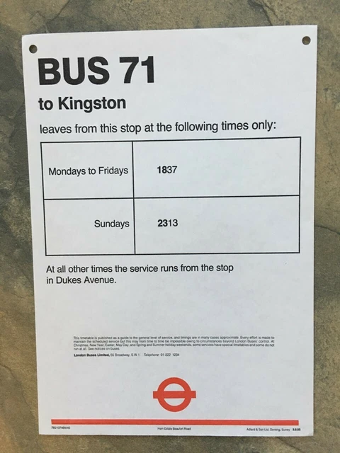 LONDON TRANSPORT 12& Bus Stop Special Panel Timetable Bus 71 to ...