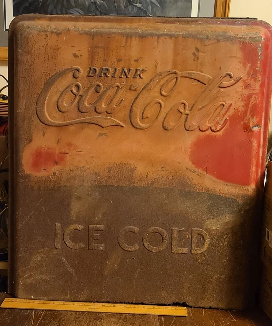 1950S COCA-COLA ICE Cold metal Cooler side panel patina man cave sign ...