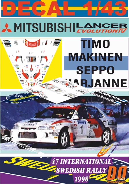 DECAL 1/43 MITSUBISHI Lancer Evo Iv T.makinen Swedish R. 1998 Winner ...