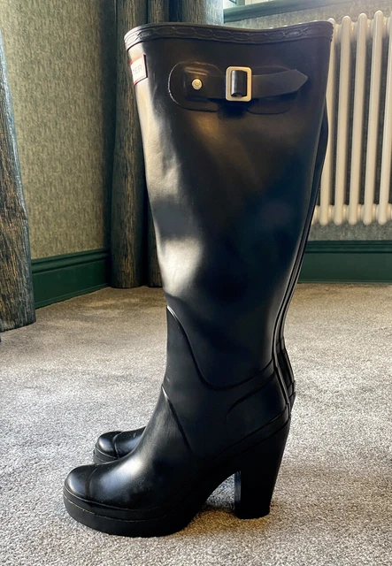 RARE HUNTER FULBROOKE Black Rubber High Heel Wellies/rain Boots UK5 ...