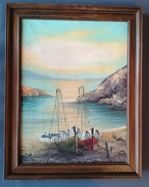 TABLEAU ANCIEN HUILE Toile Marine Signé barque sud calanques Marin Corse EUR 29,77 - PicClick FR