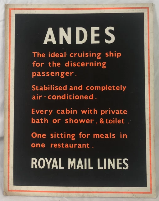 VINTAGE RMS ANDES Adverting Board, Royal Mail Line, 1950-60's ...