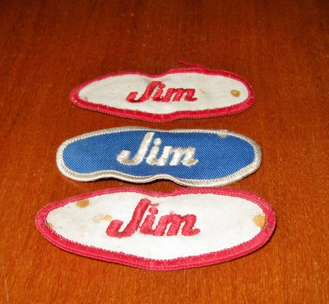 3 VINTAGE JIM Name Patches Embroidered Cloth Badges Red White Blue ...
