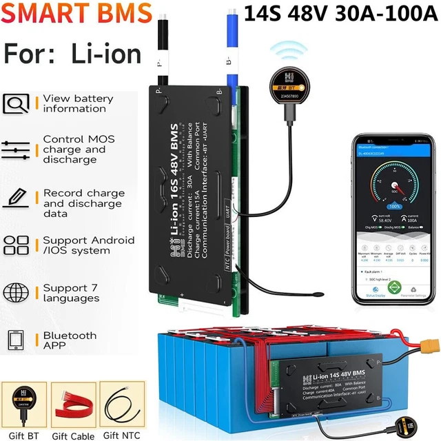 SMART BMS 14S 48V 30A-100A Li-ion Battery Common Port w/Balance ...