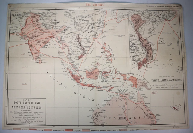 1883 MAP OF SOUTH-EASTERN ASIA AND NORTHERN AUSTRALIA Tonquin Annam ...