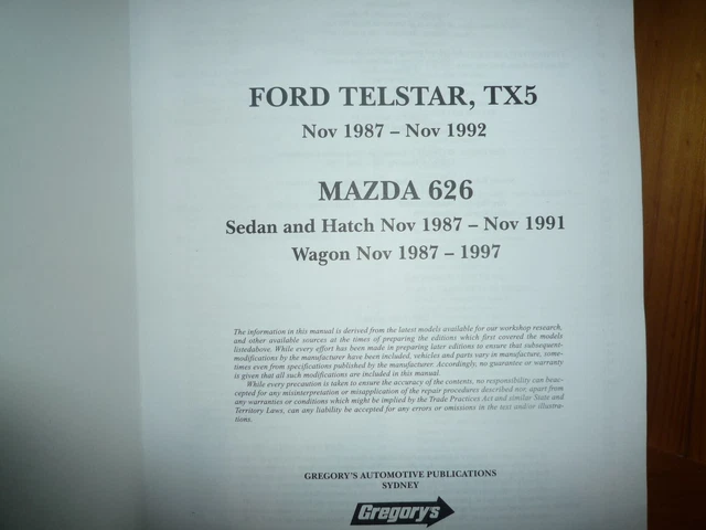 FORD TELSTAR TX5 / MAZDA 626 Workshop Repair Manual 1987 - 1992 $18.50 ...