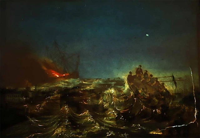 POLYORAMA PANOPTIQUE 1850 : LE HAVRE - INCENDIE EN MER / Magic lantern ...