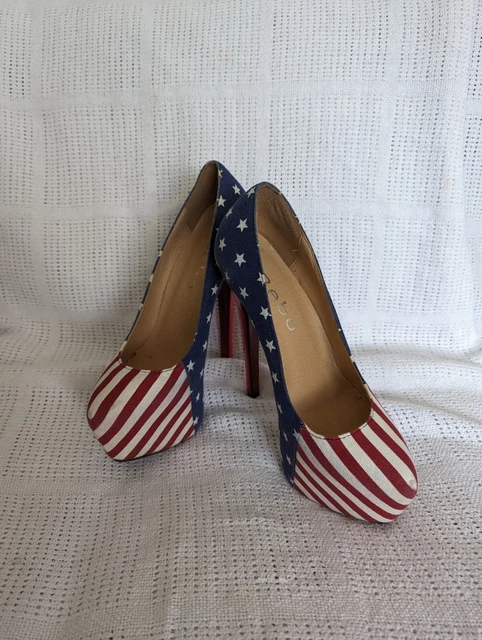 BEBO AMERICAN FLAG High Heels Size 5 Red White Blue Stars Stripes 4th ...