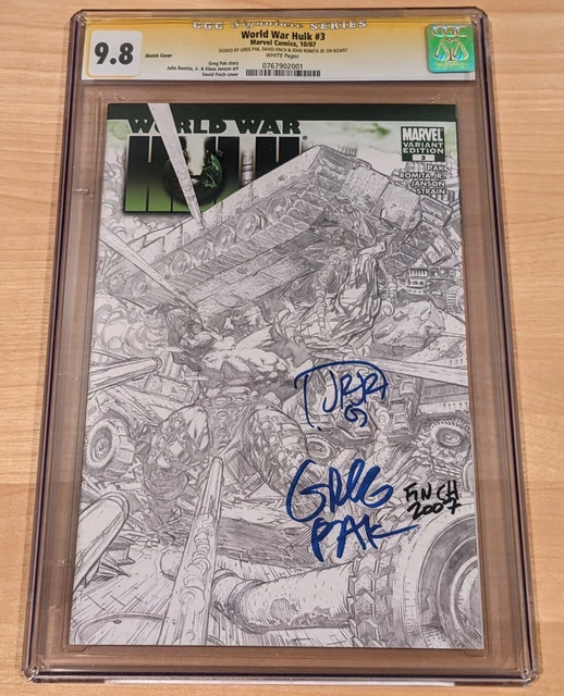 WORLD WAR HULK #3 Sketch Variant Cgc 9.8 Ss 3X Signed Finch, Romita Jr ...
