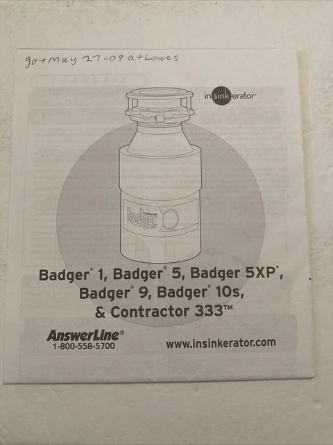 OWNERS MANUAL USER'S Guide Magazine : Insinkerator Badger 1 5 5XP 9 10s ...
