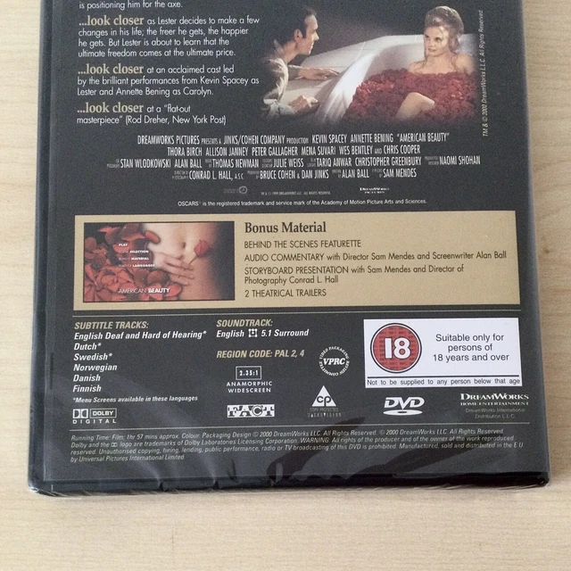 AMERICAN BEAUTY (1999) DVD Kevin Spacey, Annette Bening, Cert 18, New ...