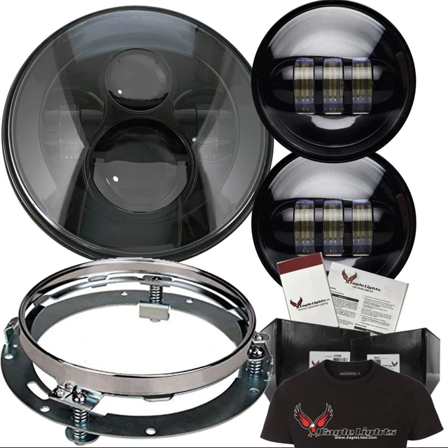 EAGLE LIGHTS BLACK LED Headlight w/Fog Lights & Harley Adapter Ring ...