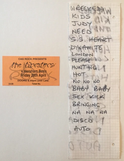 VIBRATORS CONCERT TICKET And Handwritten Setlist Cas Rock Cafe ...