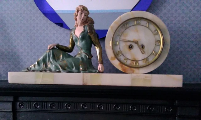 ART DECO: 1930'S stunning rare marble base mantel piece clock with lady ...