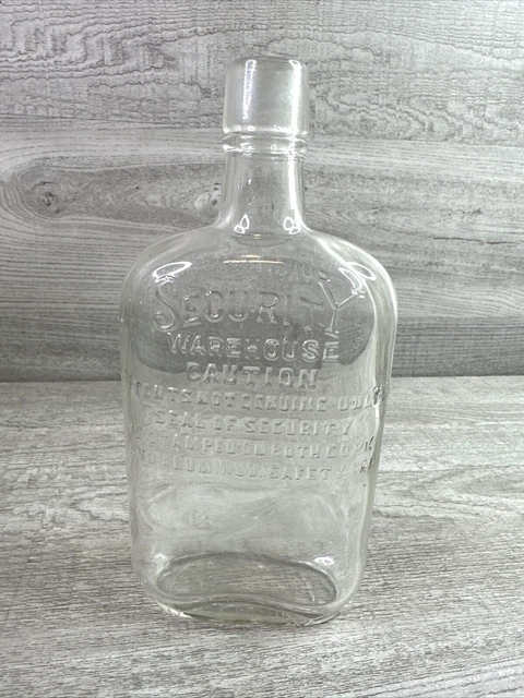 RARE VINTAGE SECURITY Warehouse Clear Whiskey Bottle Flask Embossed ...