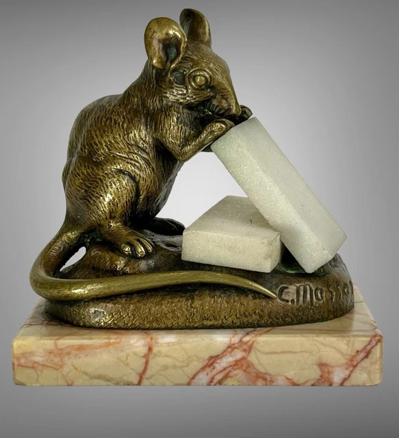 ANTIQUE BRONZE STATUE Figure, Mouse With 2 Sugars Signed On A Marble ...