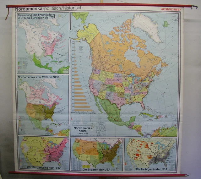 SCHOOL WALL MAP USA Card North America Discovery 1492-1970 200x196 ...