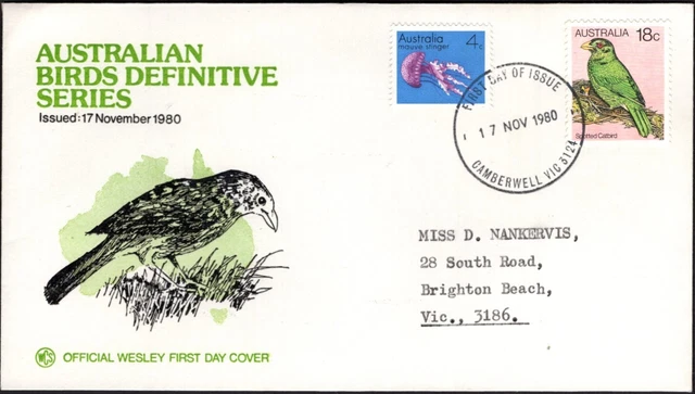 1980 AUSTRALIAN BIRDS Definitive's Series 18c Cat Bird WCS First Day ...