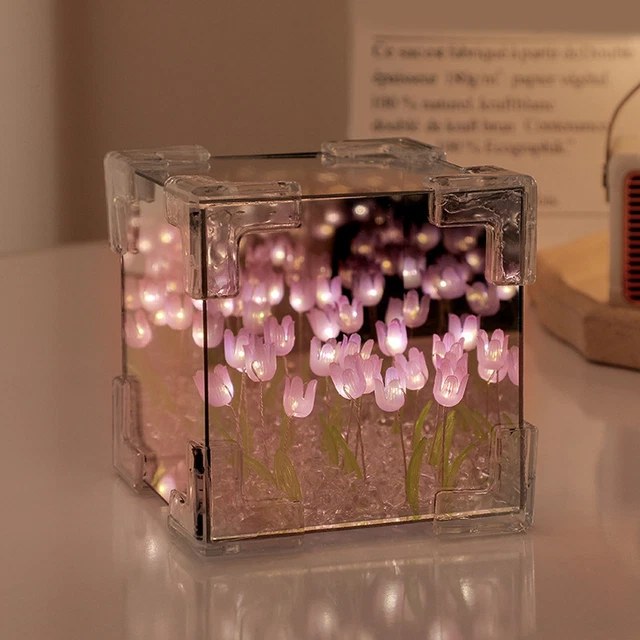 2 IN 1 Tulip Cube Mirror Lamp LED Decorative Night Light Handmade DIY ...