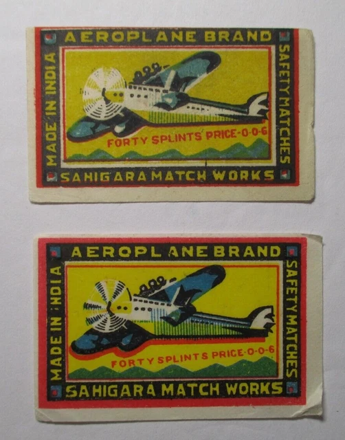 VINTAGE UNUSED! LOT 2 INDIA Matchbox Labels AEROPLANE BRAND Airplane ...