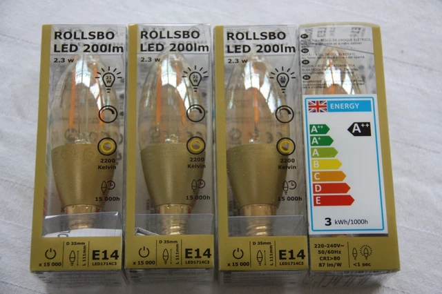 SET OF 4 IKEA ROLLSBO Dimmable Candle Filament LED 2.3W 200lm E14 ...