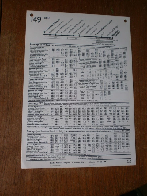 LONDON TRANSPORT BUS Stop Timetable Panel-Route 149, 1985 £1.50 ...