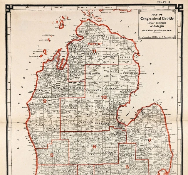MICHIGAN MAP 1915 Original Counties Townships Congressional Districts ...