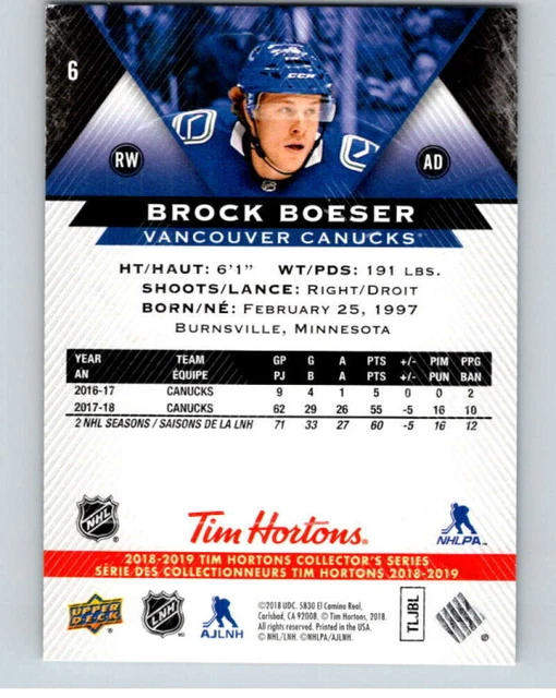 2018-19 PONT SUPÉRIEUR Tim Hortons #6 Brock Boeser LNH Canucks EUR 0,80 ...