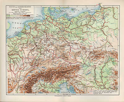 MAP MAP 1907: Central Europe River and Mountains Map. Geology Geography ...