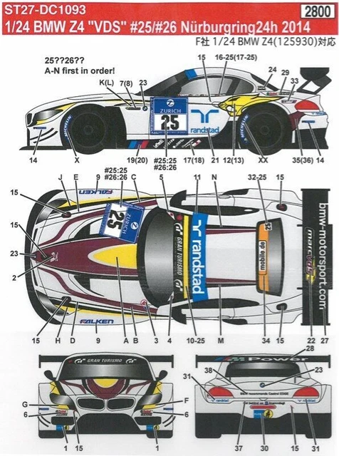 STUDIO 27 DECAL 1/24 BMW Z4 VDS Nürburgring 24h 2014 ♯25/26 pour Fujimi ...