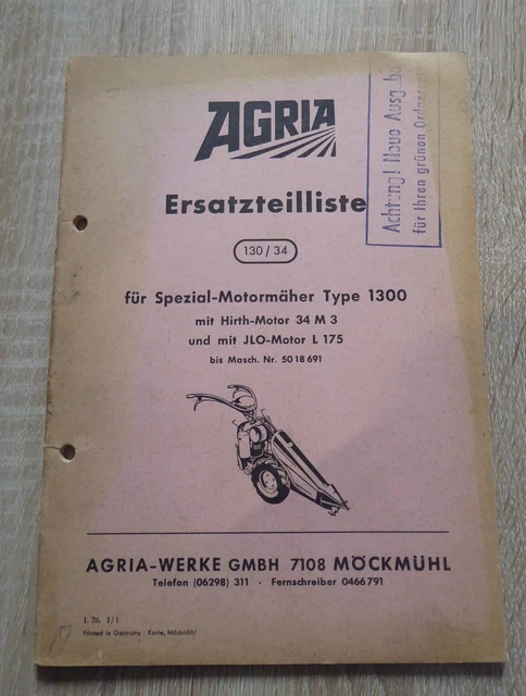 AGRIA TOSAERBA A motore speciale tipo 1300 + 1300 elenco ricambi EUR 39 ...