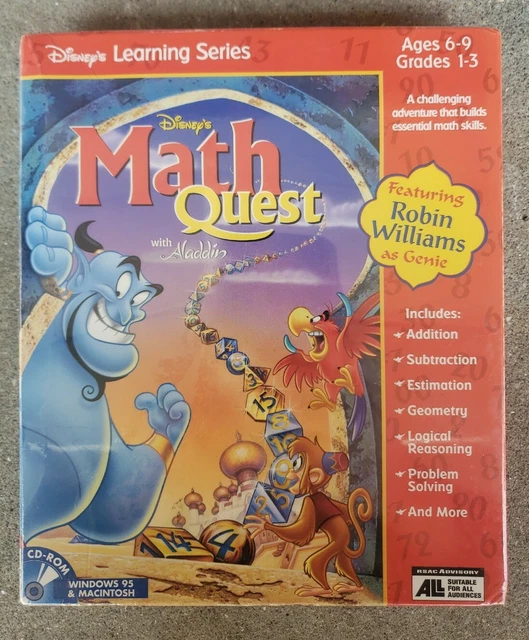 DISNEY’S LEARNING SERIES Math Quest w/ Aladdin CD-ROM Win 95/Mac PC Big ...