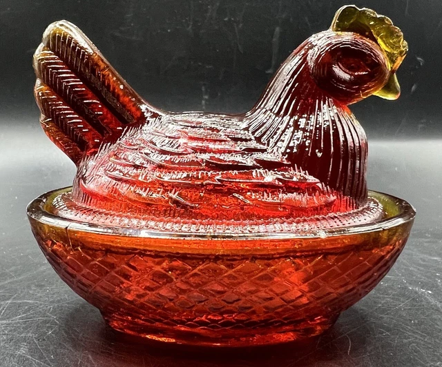 VINTAGE RED AMBERINA Glass Mini Chicken Hen On Nest Trinket Box Salt ...
