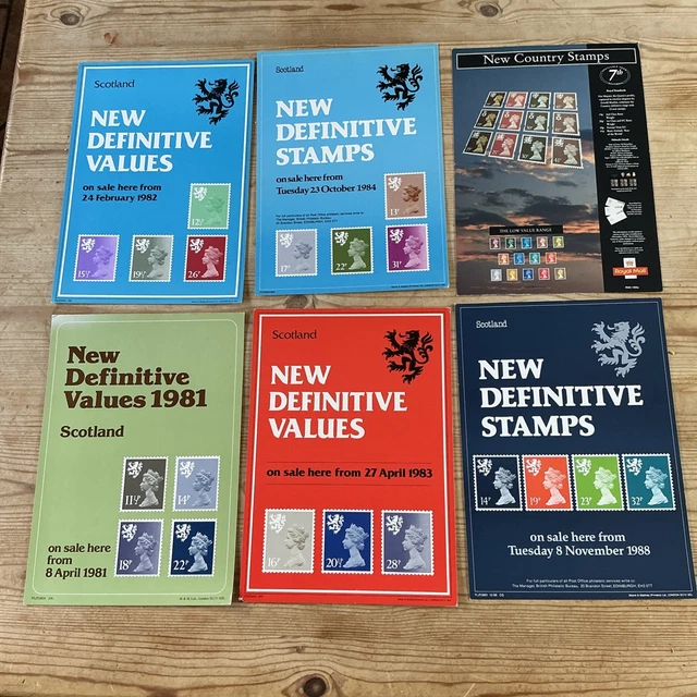 6 X POST Office Posters A4 size, definitive stamps 1981, 82, 83, 84, 88 ...