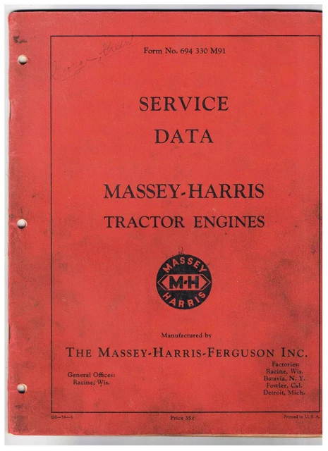 MASSEY HARRIS TRACTOR Engines Service Data 1954 Models 21 22 23 30 33 ...
