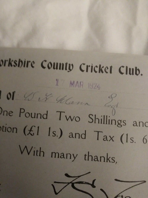 YORKSHIRE COUNTY CRICKET Club Season Ticket Receipt #398 from Mar 1924 ...