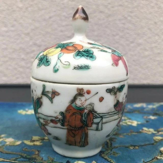 ANTIQUE CHINESE FAMILLE Rose Porcelain Small Jar Jewelry Box W Cover ...