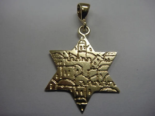 EINZIGARTIGES RELIEF 14K Gelbgold Davidstern Anhänger Judaica Jerusalem ...