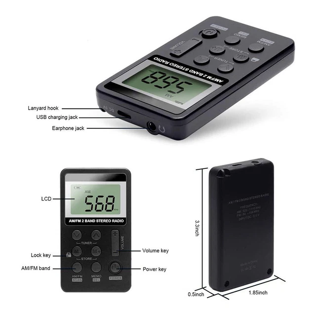 PORTABLE DUAL BAND AM/FM Pocket Radio Digital Display Mini Radio (Black ...