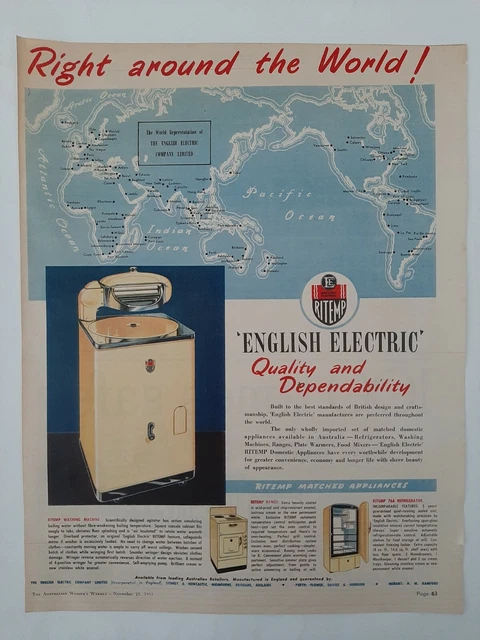 VINTAGE AUSTRALIAN ADVERTISING 1953 ad ENGLISH ELECTRIC RITEMP ...
