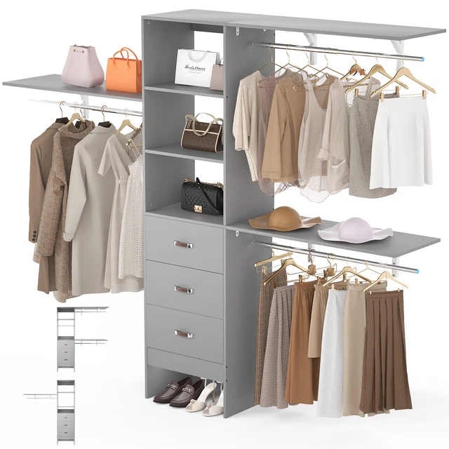 8FT CLOSET SYSTEM Walk In Closet Organizer with 3 Drawers, Built-In ...