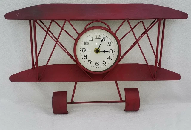 VINTAGE RED AIRPLANE Biplane Clock Metal Wall Art Decor - 42cm wide £25 ...
