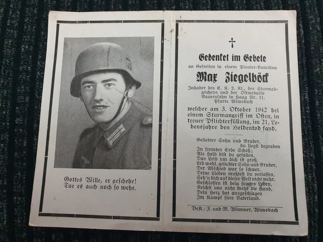 ORIGINAL GERMAN WW2 death Card Max Ziegelbock Awards Fell 3okt1942 ...