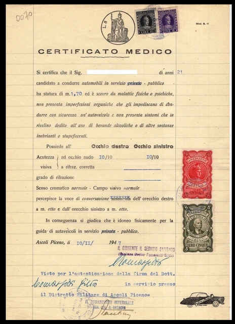 GF0070 - CERTIFICATO Medico patente 1947 marche da bollo Atti ...